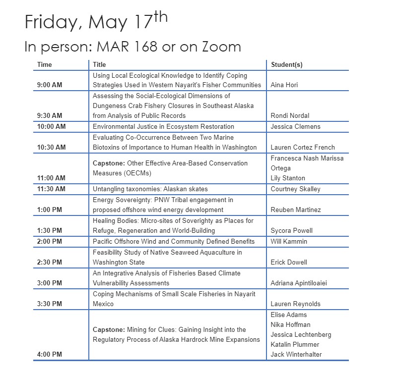 Spring Thesis and Capstone Presentations (May 10th and 17th)